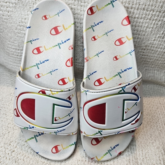 Champion | Shoes | Champion White Rainbow Slides Shoes C Logo ...